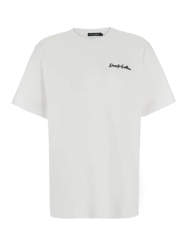 Dolce & Gabbana Crew Neck T-shirt With Logo Embroidery On The Front In Cotton - White