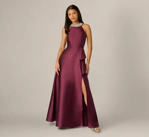 Adrianna Papell Beaded Halter Draped Mikado Gown - Deep Wine