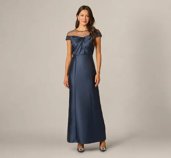 Adrianna Papell Cap Sleeve Illusion Pearly Beaded Mikado Gown - Midnight