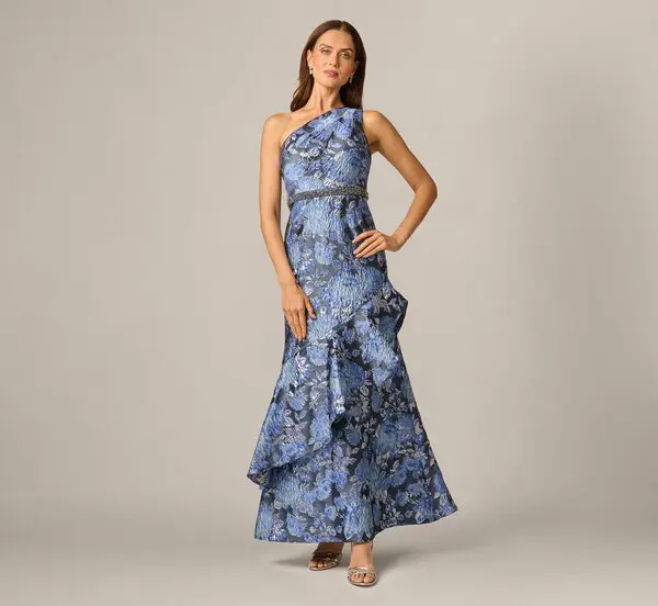 Adrianna Papell One Shoulder Beaded Metallic Floral Gown In Navy Blue Multi - Navy/blue Multi