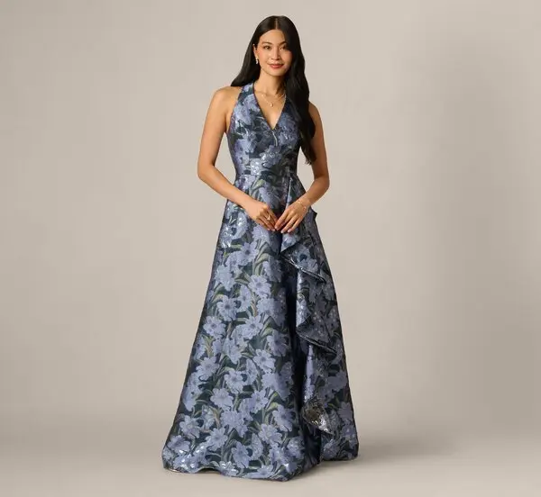 Adrianna Papell Floral Jacquard Flounce Cascade Gown In Navy Blue Multi - Navy/blue Multi