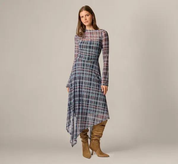 Adrianna Papell Long Sleeve Plaid Mesh Handkerchief Hem Dress - Navy Multi
