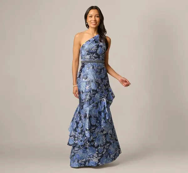 Adrianna Papell Petite One Shoulder Beaded Metallic Floral Gown In Navy Blue Multi - Navy/blue Multi