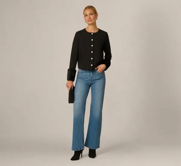 Adrianna Papell Long Sleeve Faux Fur Cuff Ponte Knit Jacket - Black