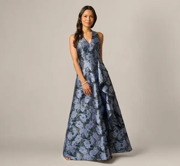 Adrianna Papell Petite Floral Jacquard Flounce Cascade Gown In Navy Blue Multi - Navy/blue Multi