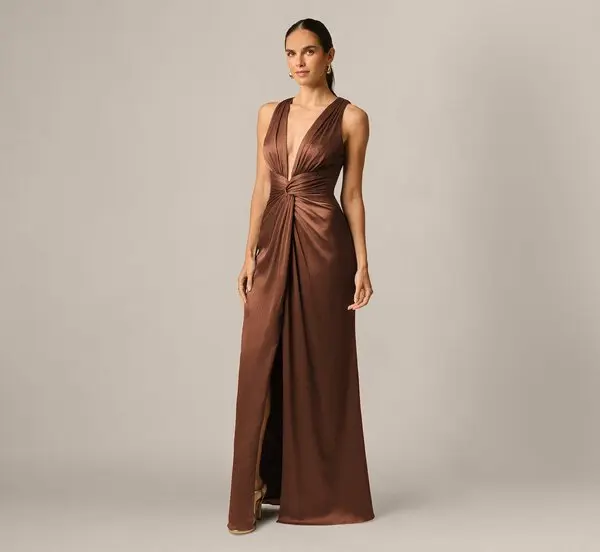 Adrianna Papell Crinkle Satin Twist Front Plunge Gown - Espresso