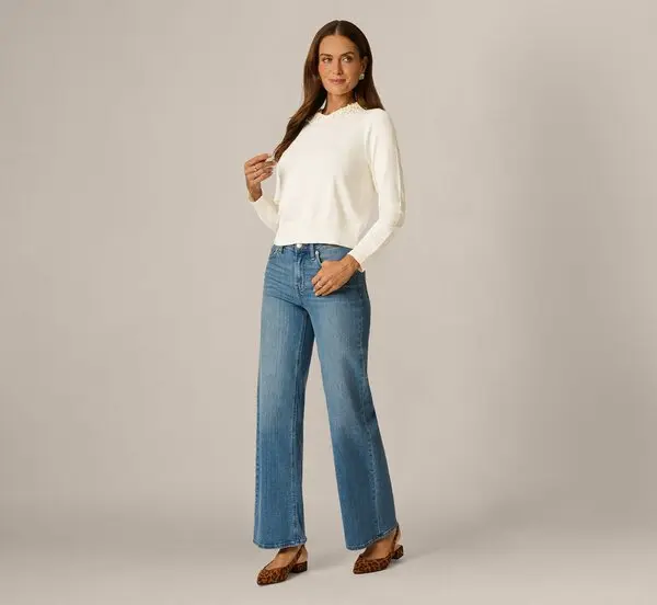 Adrianna Papell Long Sleeve Pearly Peter Pan Collar Sweater