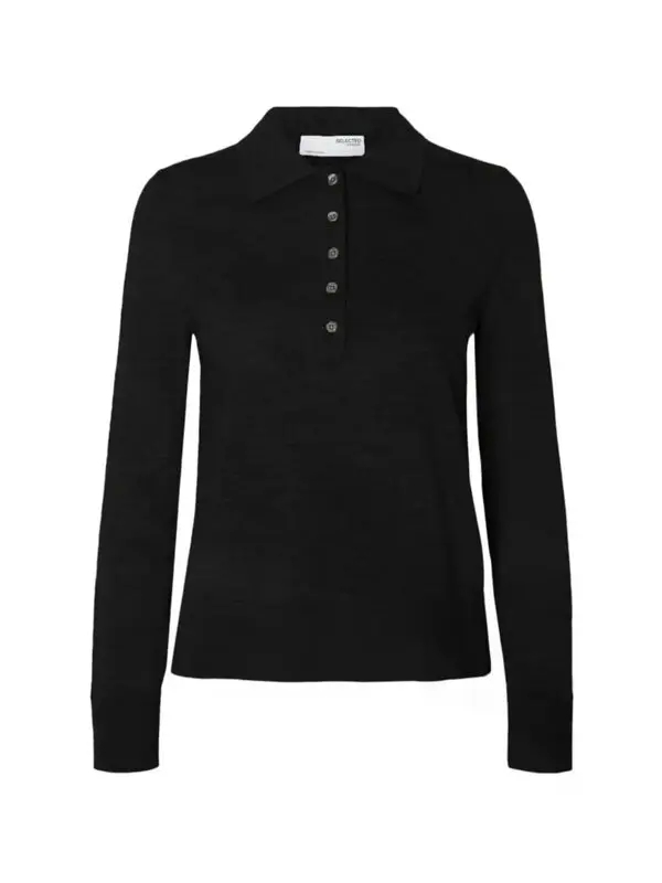 SELECTED Knitted Long-sleeved Polo Shirt - Black