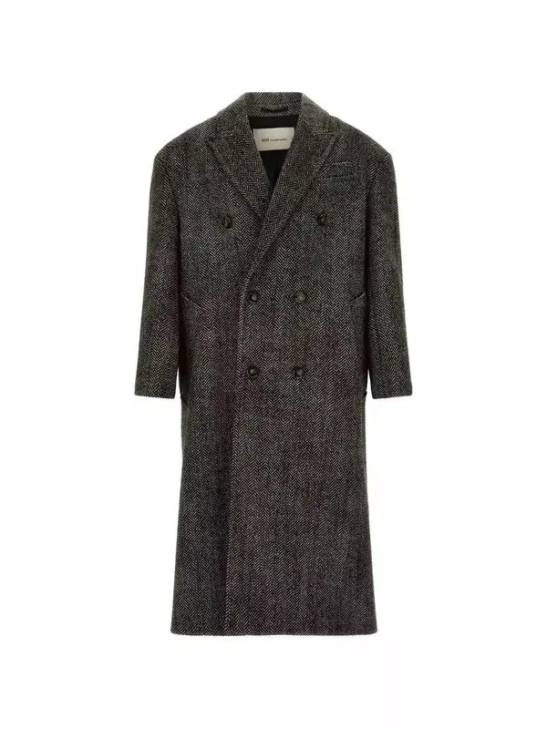 AMI Paris Long Double-breasted Wool Herringbone Coat