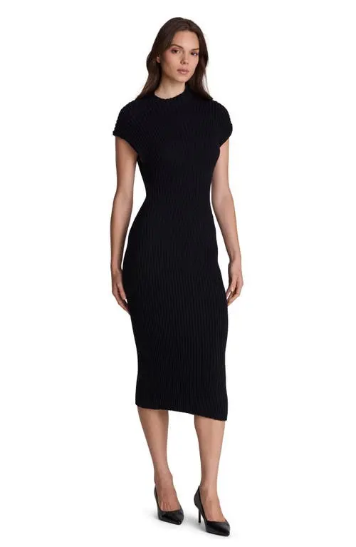 KENNETH COLE Asymmetric Mock Neck Rib Sweater Dress - Black