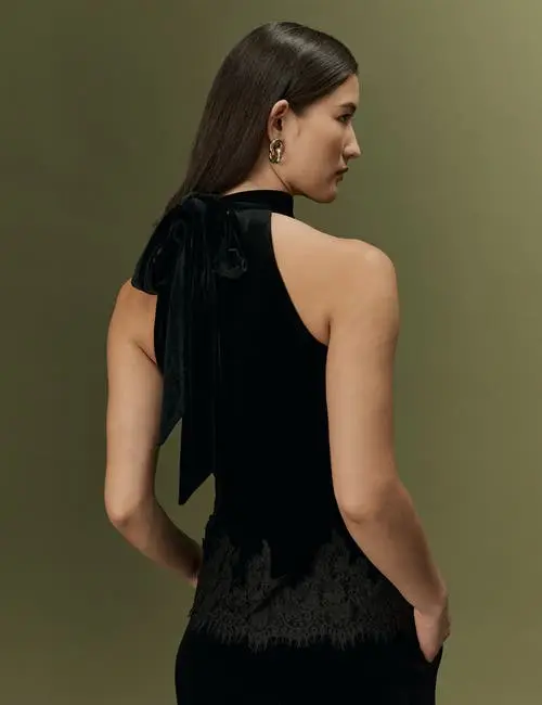 GHOST LONDON Tegan High Halter Neck Lace Trim Top