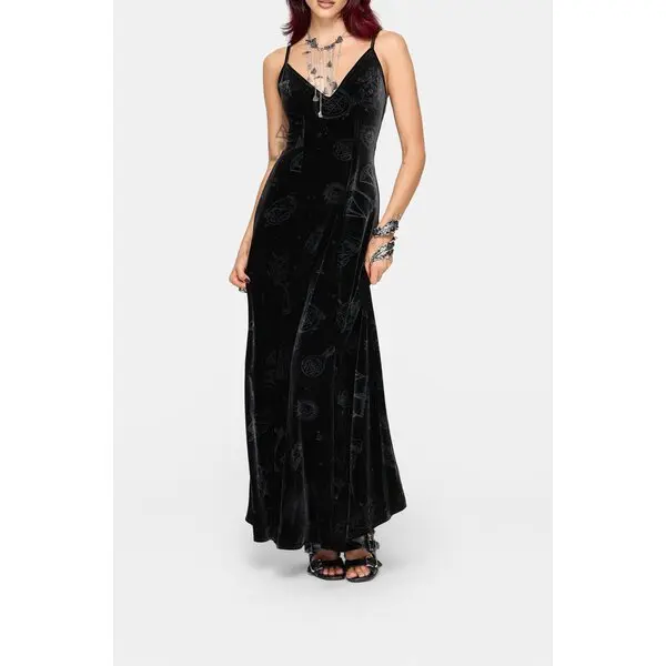 DISTURBIA Orin Foiled Velour Cami Maxi Dress