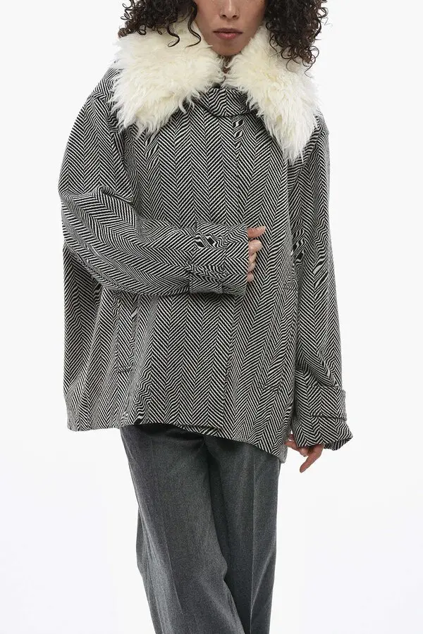 Stella McCartney Herringbone Coat With Removable Collar - Black
