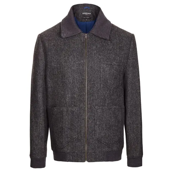 SERRAN LONDON Zipped Herringbone Wool Jacket Charcoal