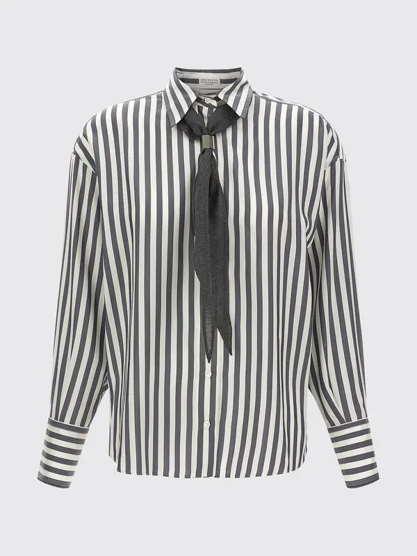 Brunello Cucinelli Long-sleeved Striped Silk Shirt With A Classic Collar
