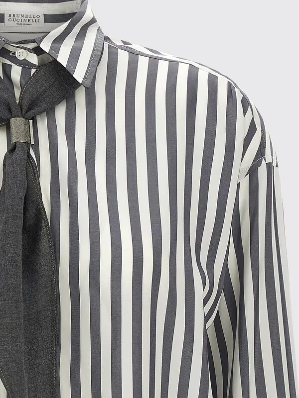 Brunello Cucinelli Long-sleeved Striped Silk Shirt With A Classic Collar