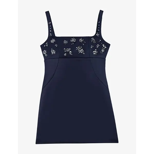 Maje Sleeveless Flower-embroidered Satin Mini Dress