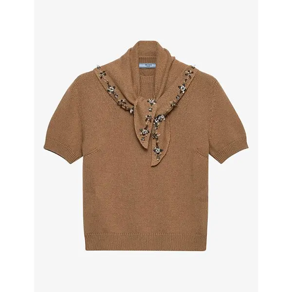 Prada Embroidered-scarf Short-sleeve Cashmere Jumper