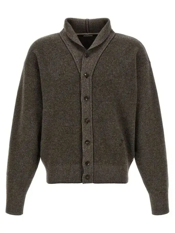 Jacquemus Pelota' Wool-cashmere Cardigan With Scarf Collar And Embroidered J Hem - Grey