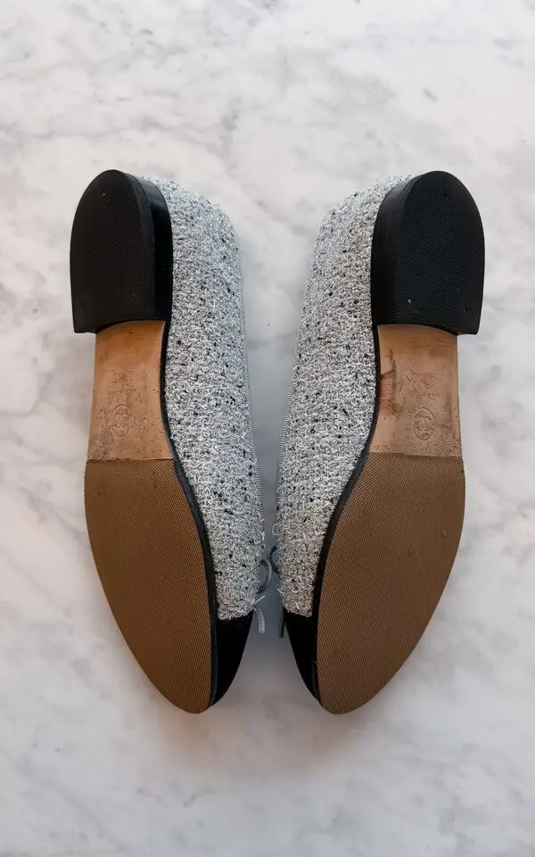 DEAR CLEMENTINE VINTAGE Chanel Grey Tweed & Black Cc Ballet Flats