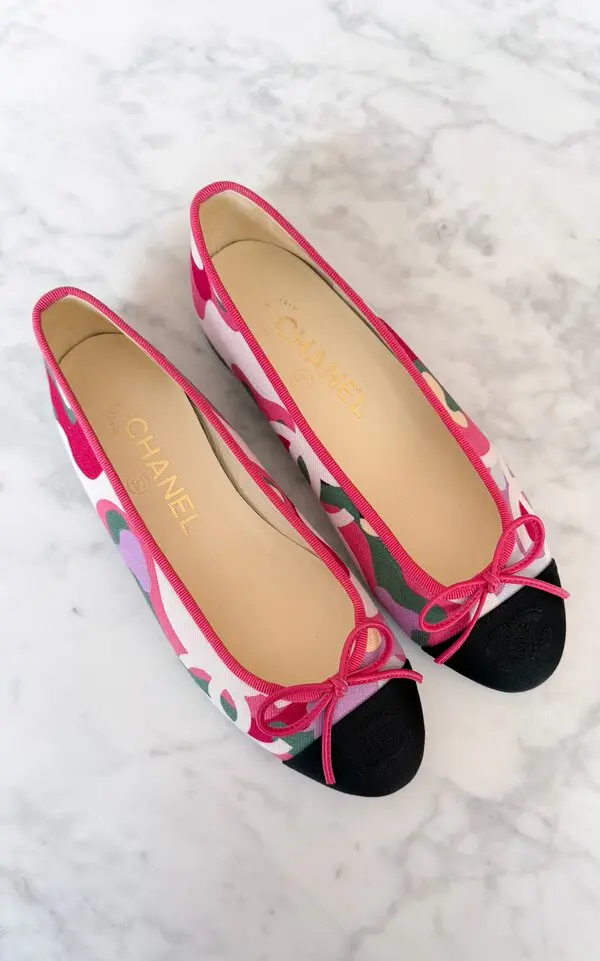 DEAR CLEMENTINE VINTAGE Chanel Pink Multicolor Camellia & Cc Print Ballet Flats