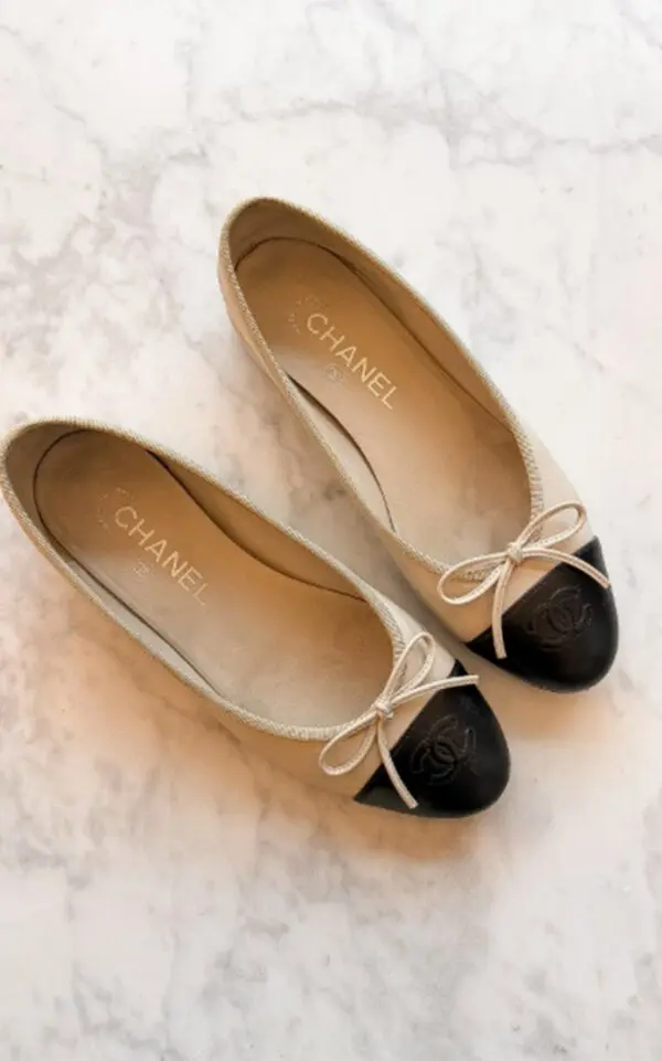 DEAR CLEMENTINE VINTAGE Chanel Two Tone Bone & Black Leather Ballet Flats