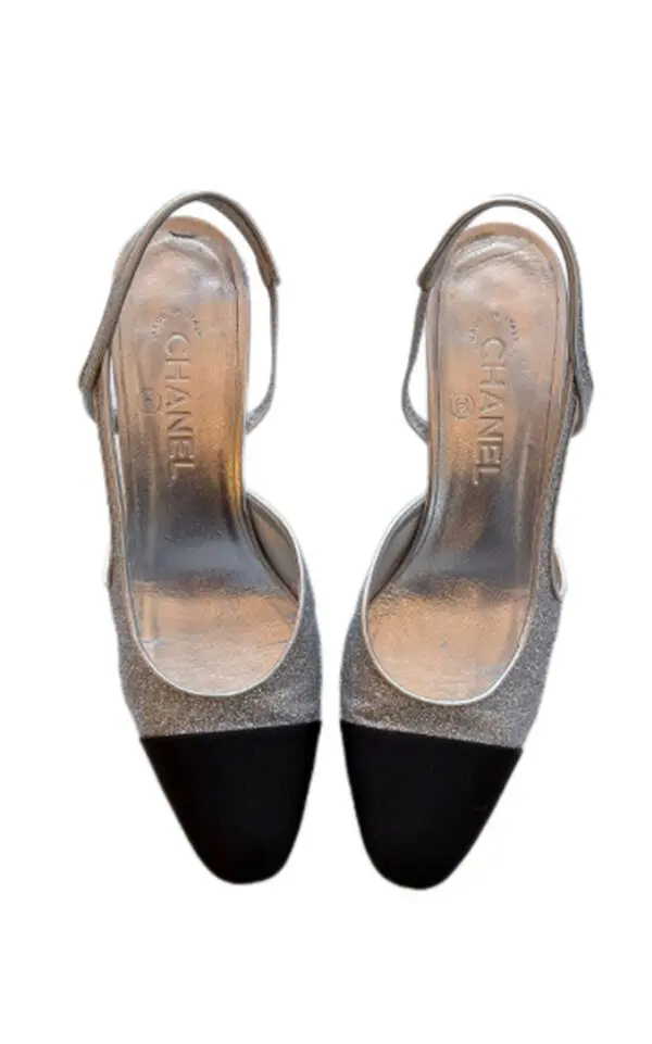 DEAR CLEMENTINE VINTAGE Chanel Glitter Pointed-toe Slingback Heels With Cc Logo Detail