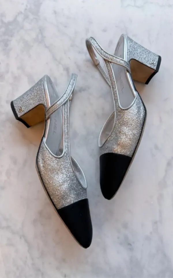 DEAR CLEMENTINE VINTAGE Chanel Glitter Pointed-toe Slingback Heels With Cc Logo Detail