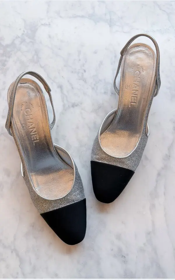 DEAR CLEMENTINE VINTAGE Chanel Glitter Pointed-toe Slingback Heels With Cc Logo Detail