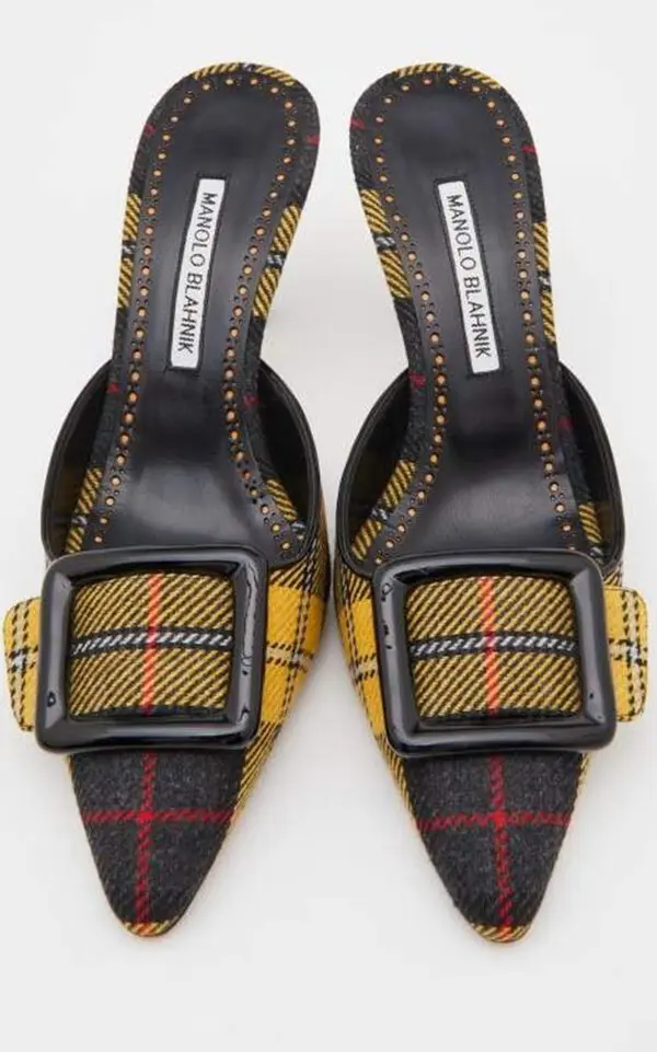 DEAR CLEMENTINE VINTAGE Manolo Blahnik Vintage Multicolor Tartan Plaid Buckle Mules