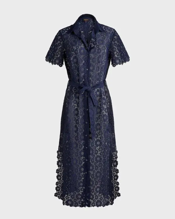 Vilebrequin Midlength Shirt Dress Floral Guipure Limited Collection Dress Loucia - Blue