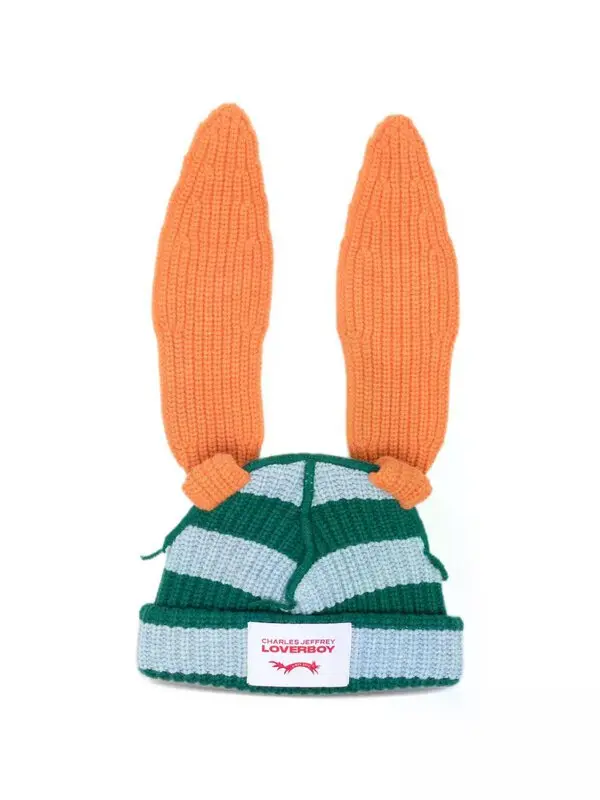 CHARLES JEFFREY Striped Rabbit-ear Beanie Hat - Green