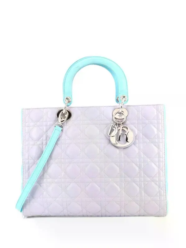 Dior Bicolor Lady Bag Cannage Quilt Lambskin Large Satchel - Blue
