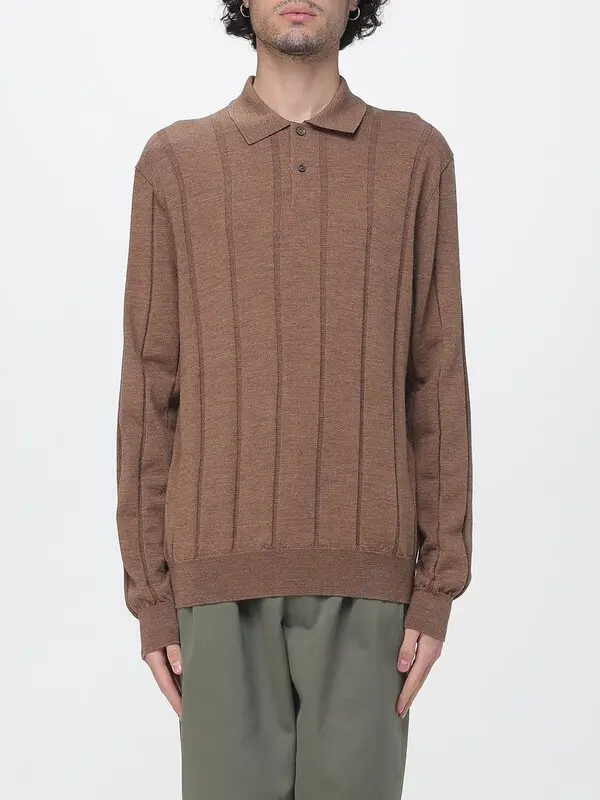 Canali Long-sleeved Polo Shirt In Pure Virgin Wool With Ribbed Collar - Camel