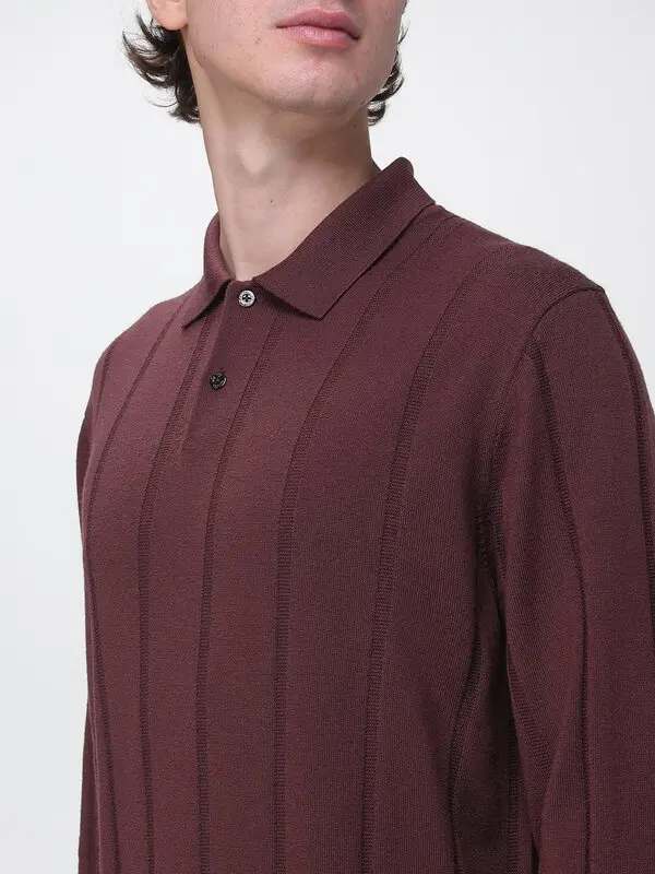 Canali Long-sleeved Polo Shirt In Pure Virgin Wool With Ribbed Collar - Red