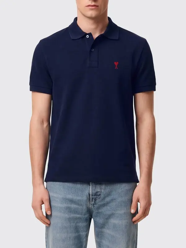 AMI Paris Slim Fit Embroidered Logo Polo Shirt In Organic Cotton - Blue