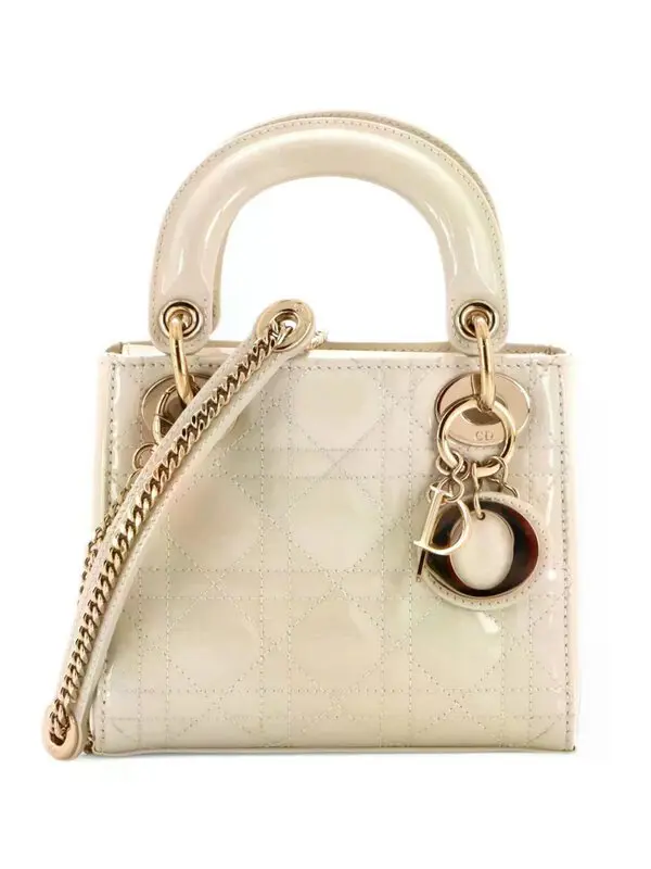 Dior Lady Chain Bag Cannage Quilt Patent Mini Satchel - White