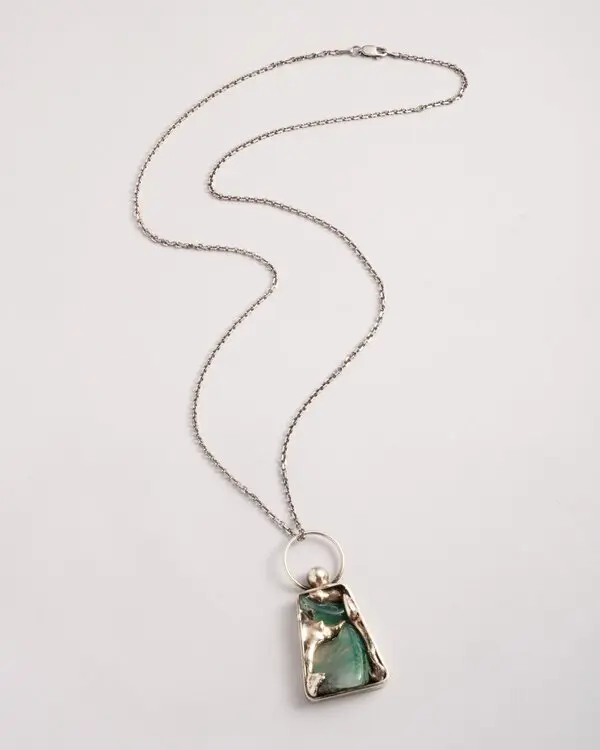 Alexis Bittar Vintage Danish 1970s Sterling & Green Onyx Handmade Pendant Necklace - Silver