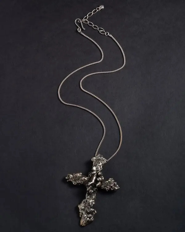 Alexis Bittar Vintage 1970s Sterling Handmade Brutalist Cross Pendant Necklace