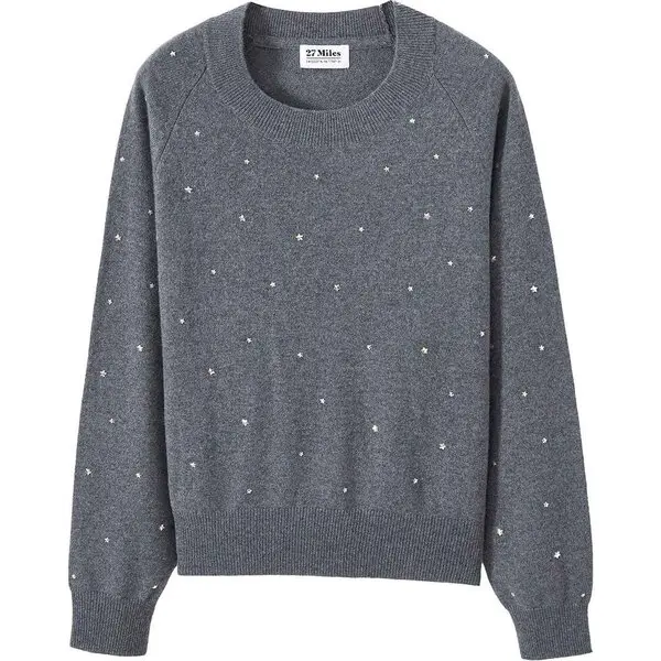 27 Miles Malibu Letitia Cashmere Wide Crew Sweater With Star Rhinestones - Charcoal