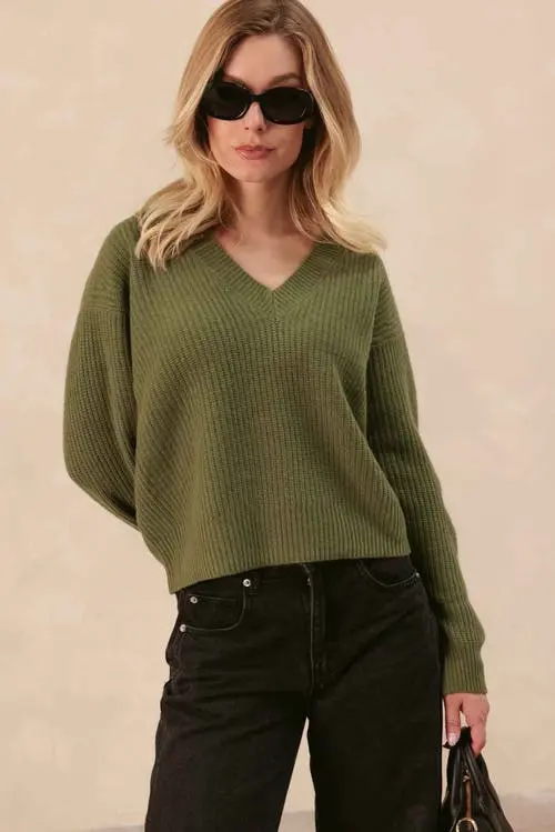 27 Miles Malibu Kylie Ribbed Cashmere V Neck Sweater - Moss