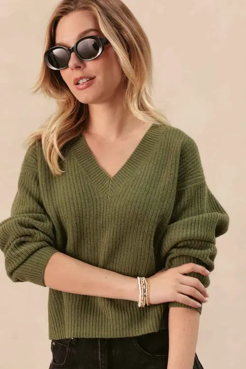 27 Miles Malibu Kylie Ribbed Cashmere V Neck Sweater - Moss