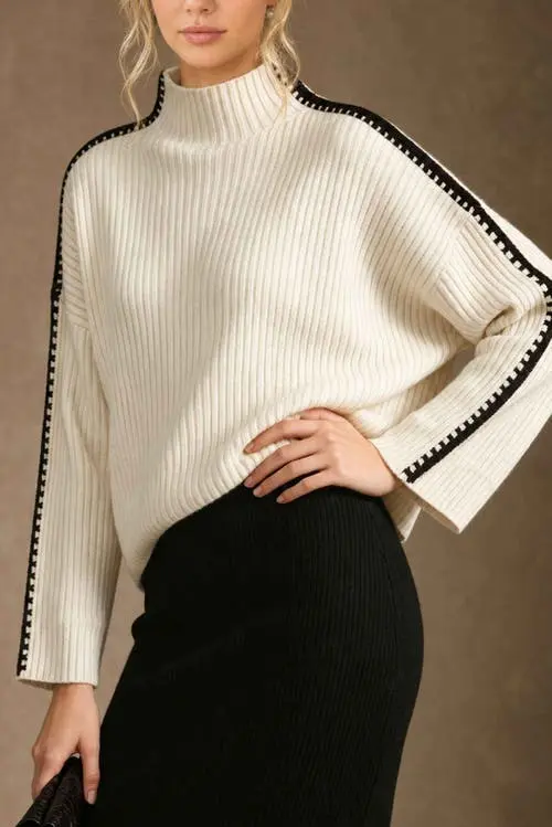 27 Miles Malibu Mochi Whip Stitch Detail Mock Neck Sweater - Cloud/black