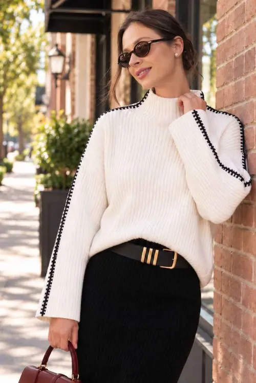 27 Miles Malibu Mochi Whip Stitch Detail Mock Neck Sweater - Cloud/black