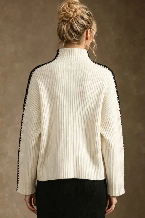27 Miles Malibu Mochi Whip Stitch Detail Mock Neck Sweater - Cloud/black