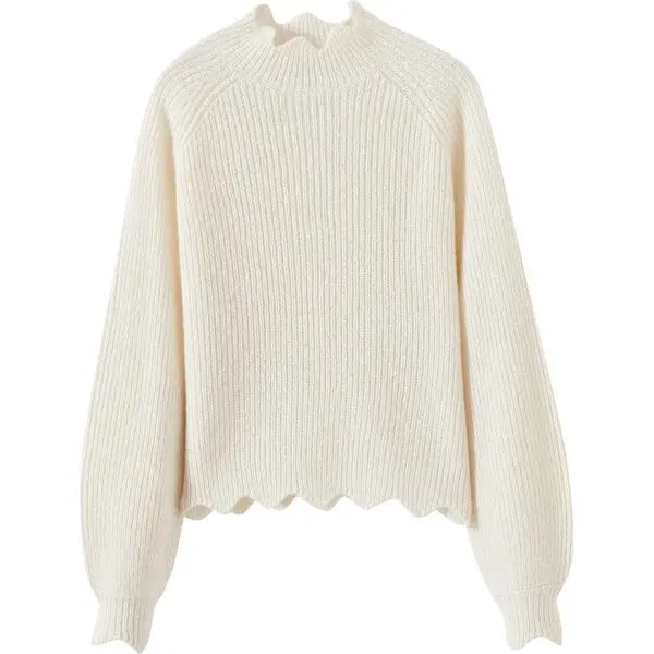 27 Miles Malibu Talia Silk Cashmere Pullover With Scallop Edge Trim - Cloud