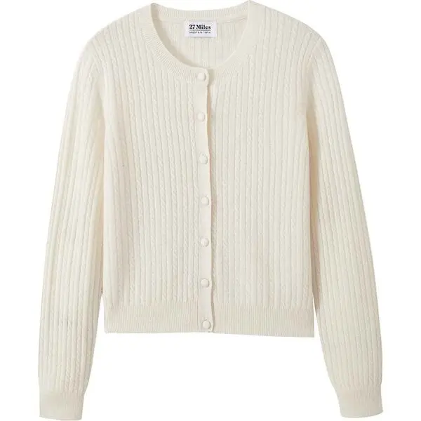 27 Miles Malibu Alyssa Cashmere Cable Crew Neck Cardigan - Cloud