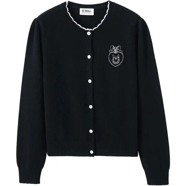27 Miles Malibu Mylan Cashmere Cardigan With Heart Embroidery - Black/cloud