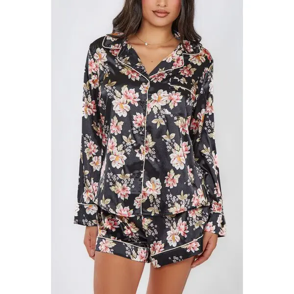 ICOLLECTION Floral Printed Satin Long Sleeve Pajama Short Set - Multi-black