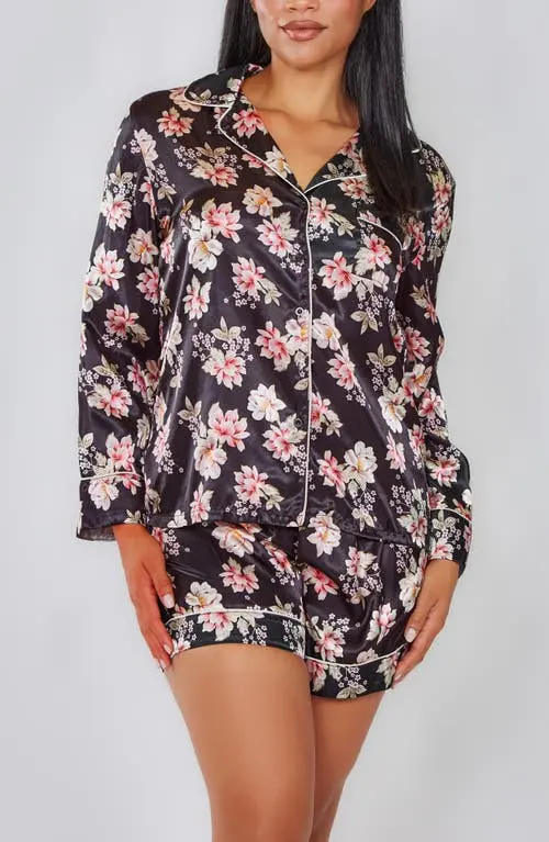 ICOLLECTION Floral Printed Satin Long Sleeve Pajama Short Set - Multi-black